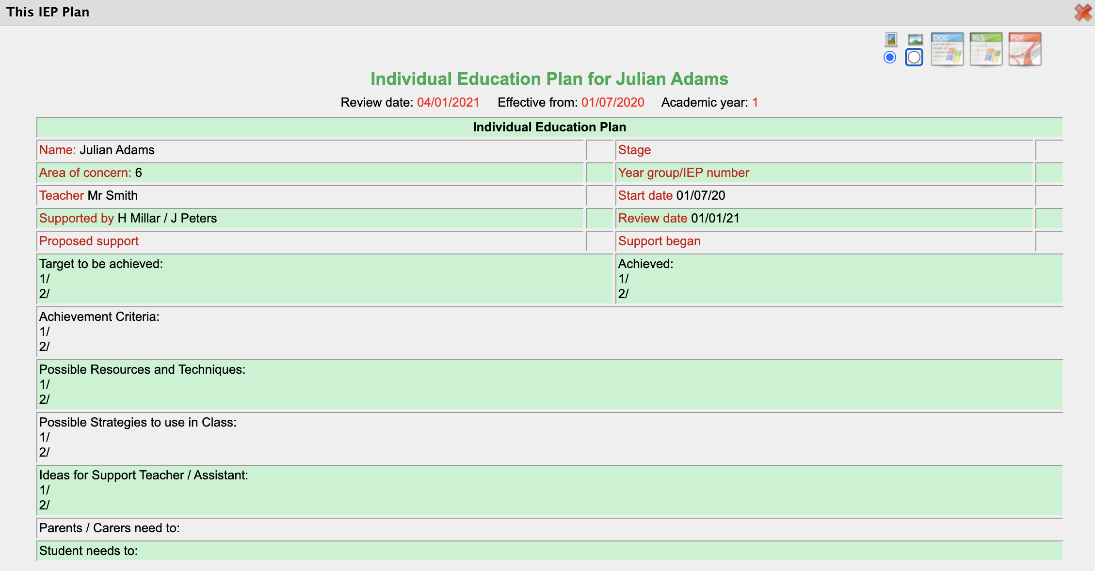Individual Education Plans (IEP) Report – ScholarPack