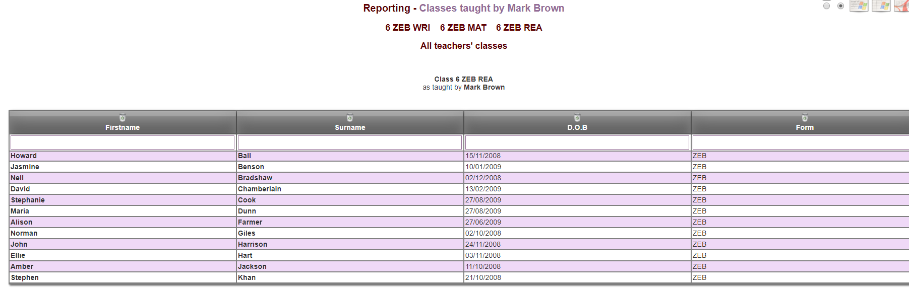 Teacher Class List Report – ScholarPack